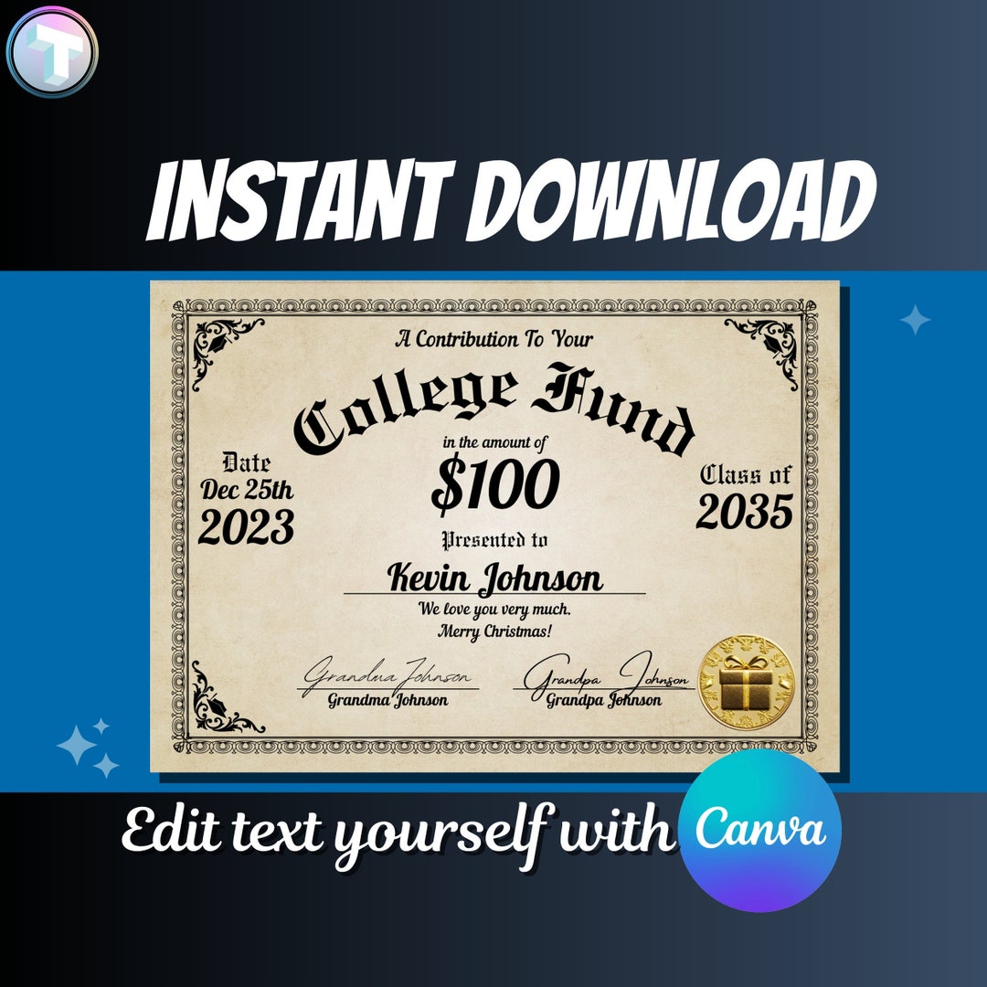 Printable Editable College Fund Certificate Gift Contribution to ...
