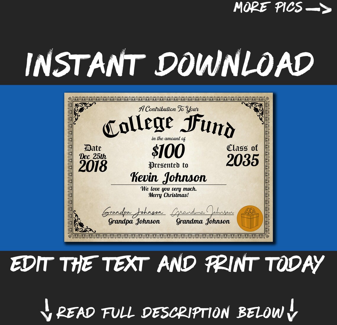 Printable Editable College Fund Certificate Gift Contribution - Etsy