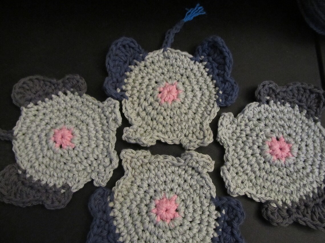 Crochet Set of Elephant Butt Coasters - Dark Blue or Grey Ears - Unique ...