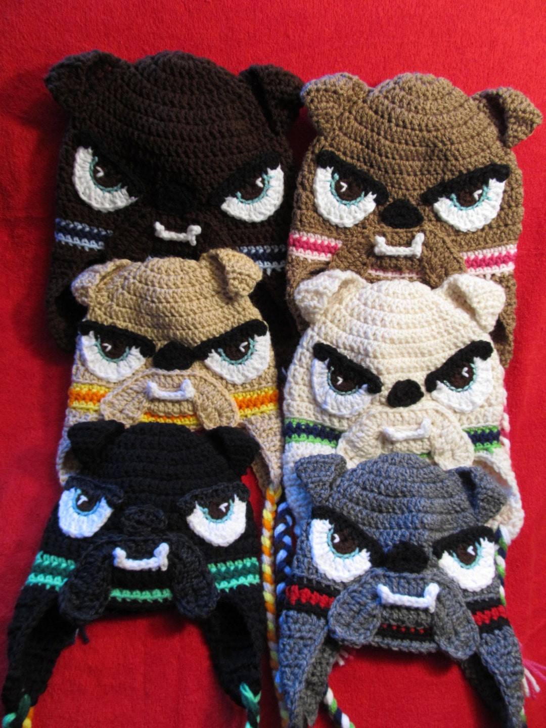 Crochet Bulldog Hats With Ear Flaps and Braided Ties - Baby to Adult ...