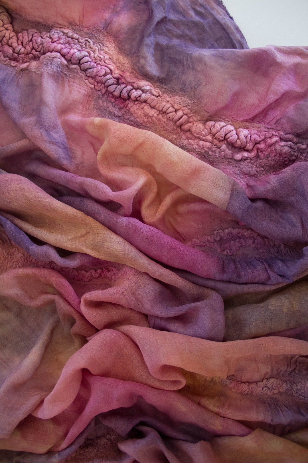 Nuno Felt Scarf, Cotton Silk Gauze, Natural Dyes, Pink Orange Yellow ...