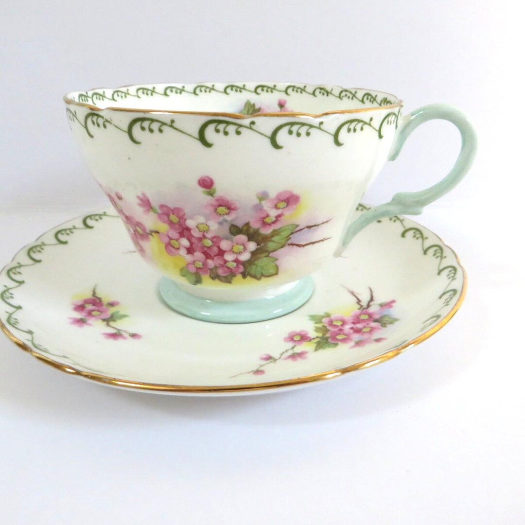 Shelley Pink and Green Blossoms Teacup and Saucer - Etsy