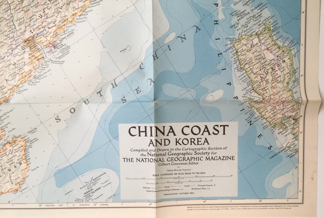 Beautiful Antique Map of China Coast and Korea-1953 Large Labelled Map ...
