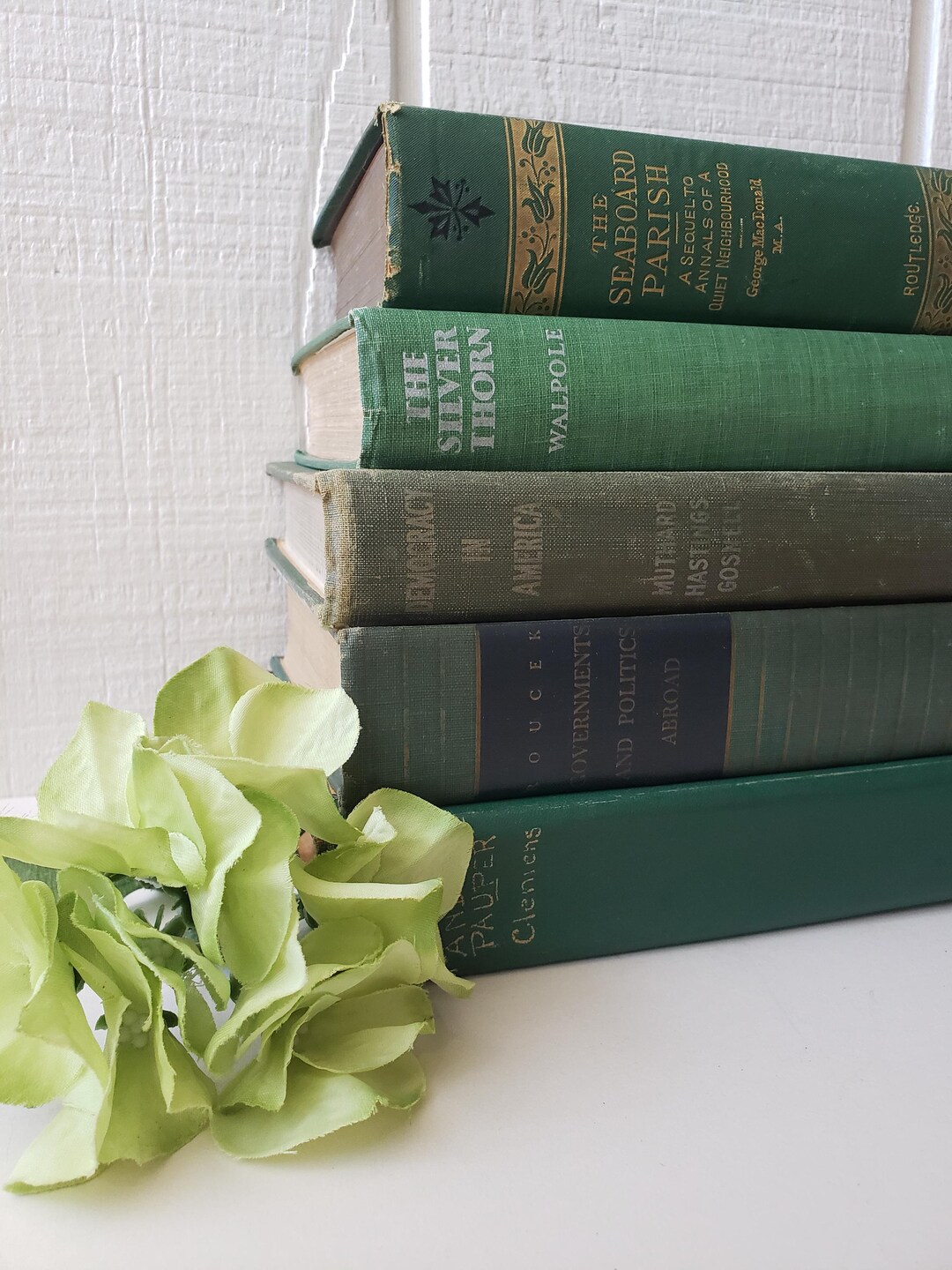 Beautiful Instant Library in Shades of Green. Group of Antique Books ...