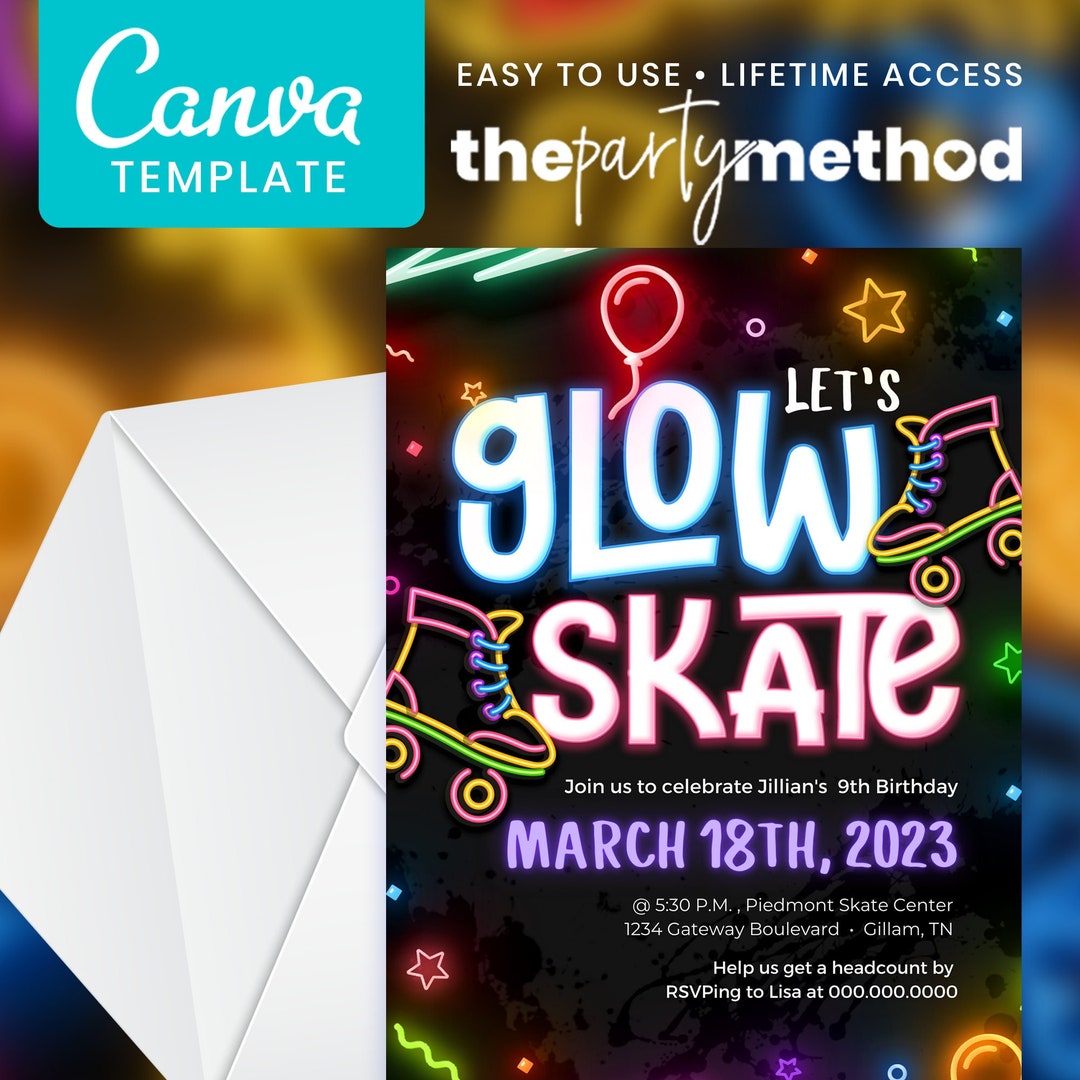 Glow Skate Party Invitation Canva Template Lifetime Access - Etsy