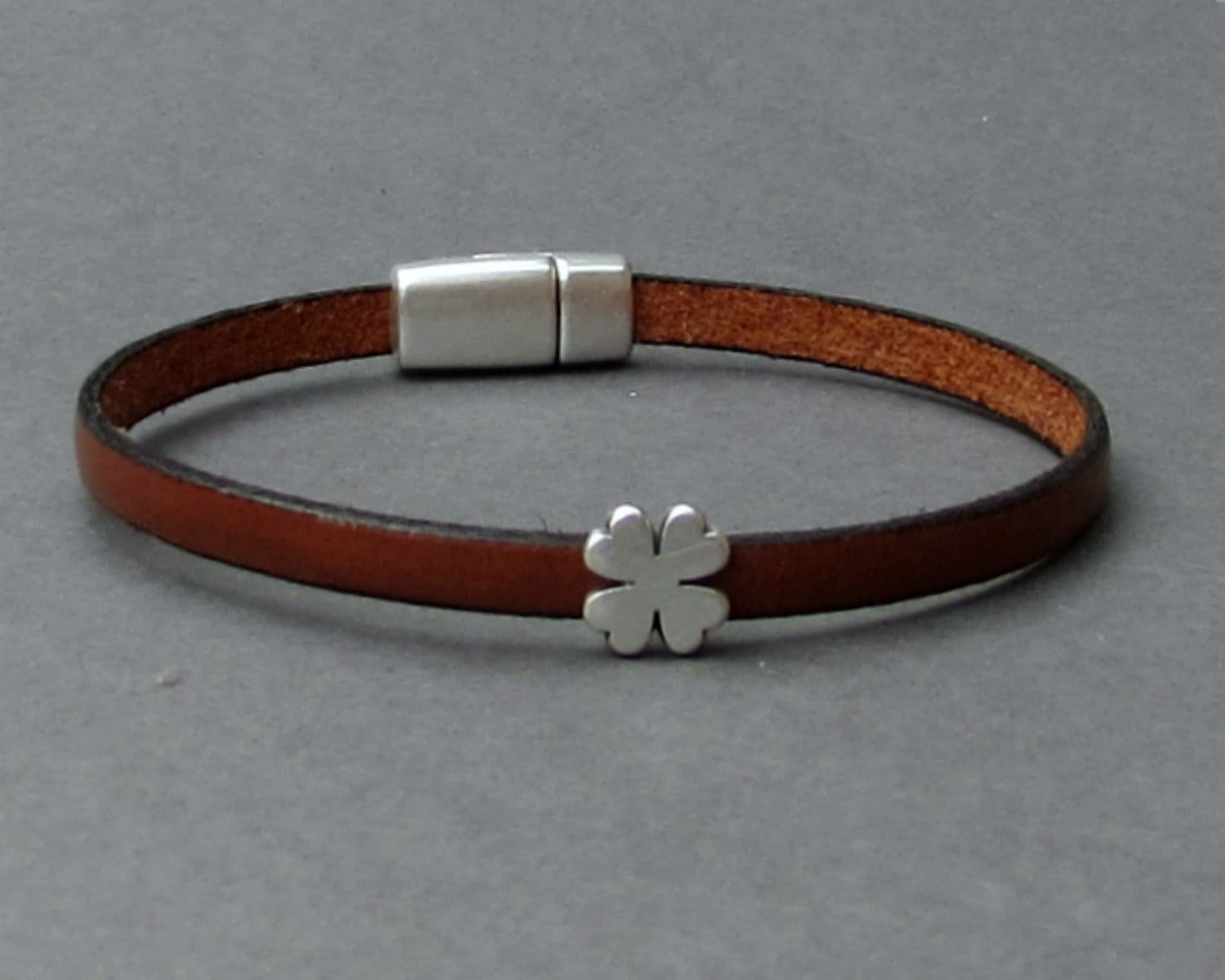 Four Leaf Clover Mens Leather Bracelet Cuff Boyfriend Gift | Etsy