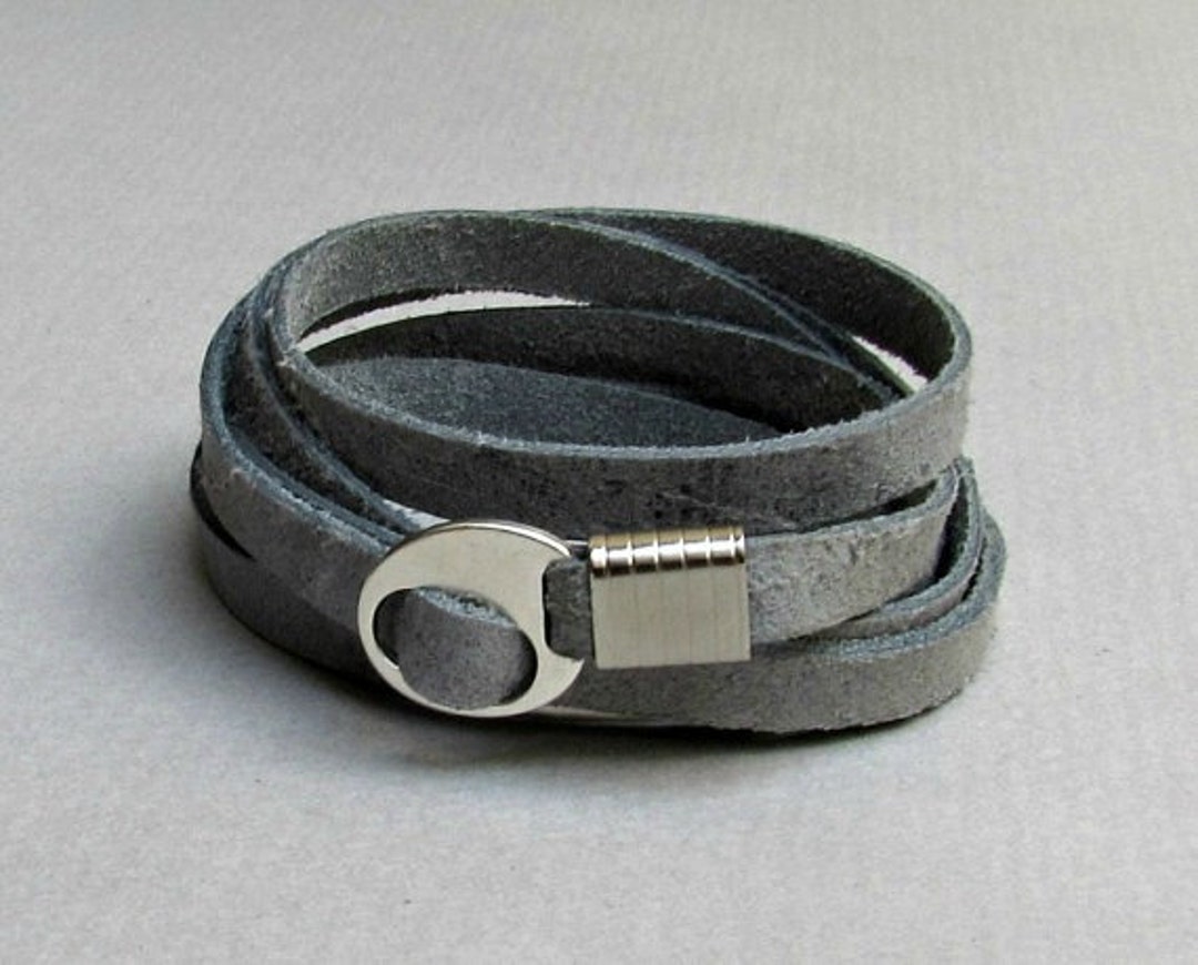 Men's Leather Wrap Bracelet: Distressed Gray Cuff, Silver Buckle - Etsy