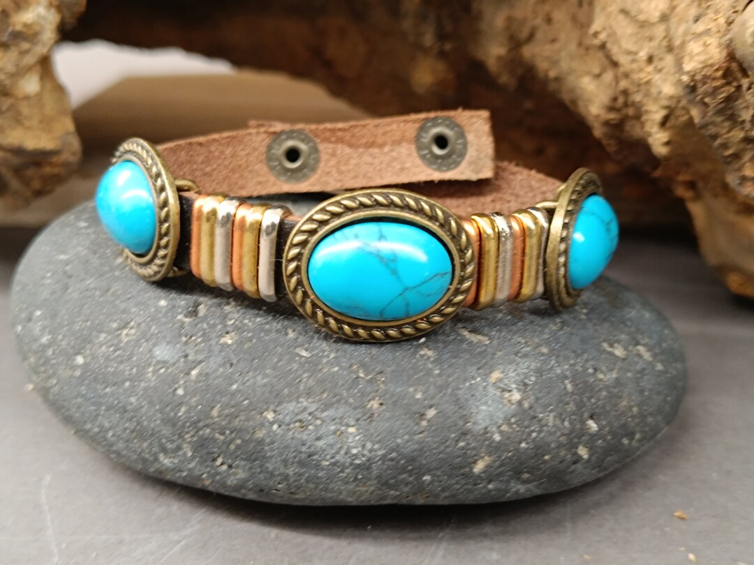 Mens Boho Turquoise Leather Bracelet, Unisex Cuff Bracelet, Gypsy Cuff ...