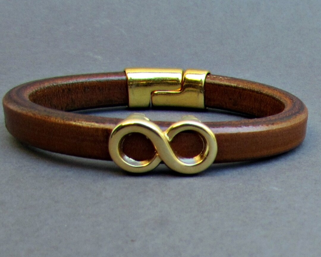 Mens Leather Infinity Bracelet: Gold Accent, Magnetic Clasp - Etsy