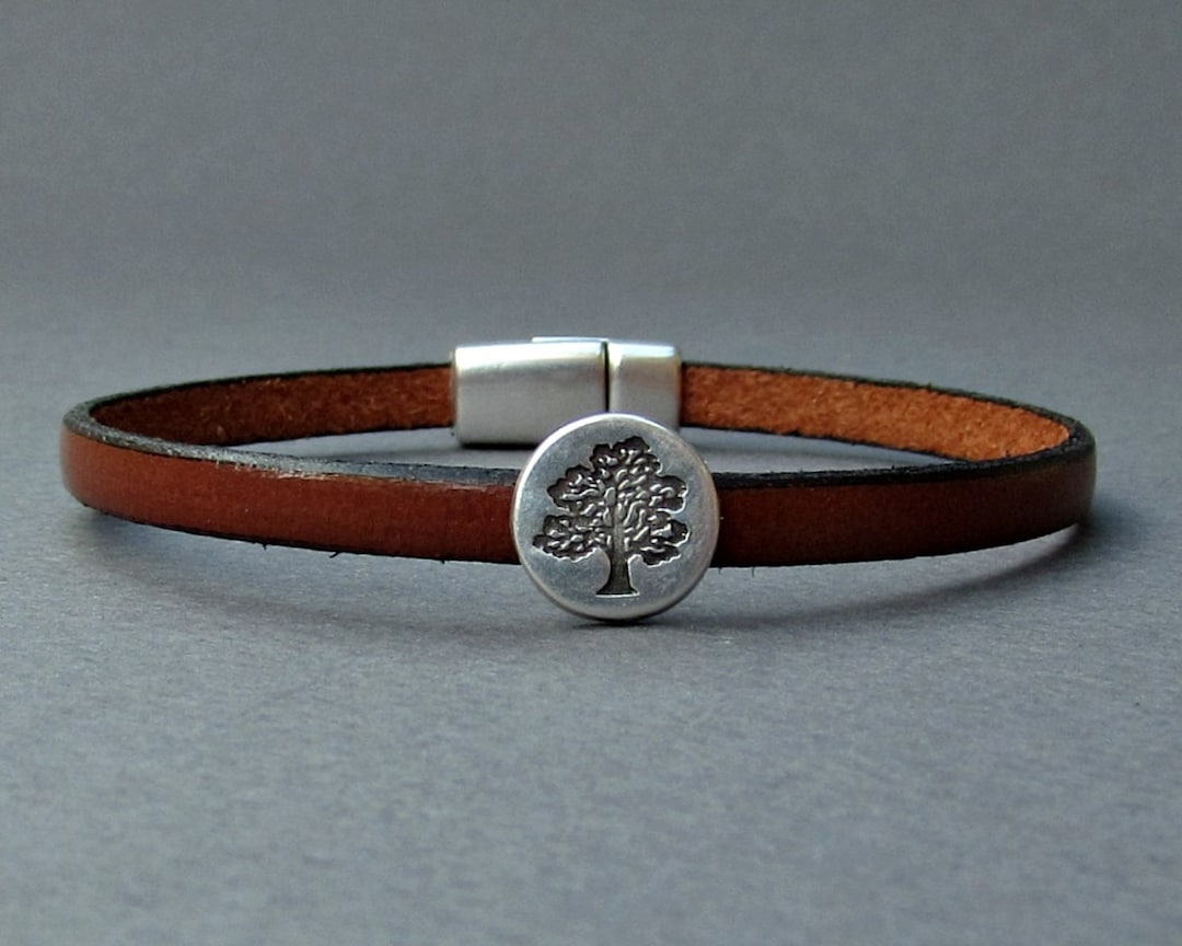 Tree of Life Leather Bracelet: Unisex Silver Cuff, Customized Gift - Etsy