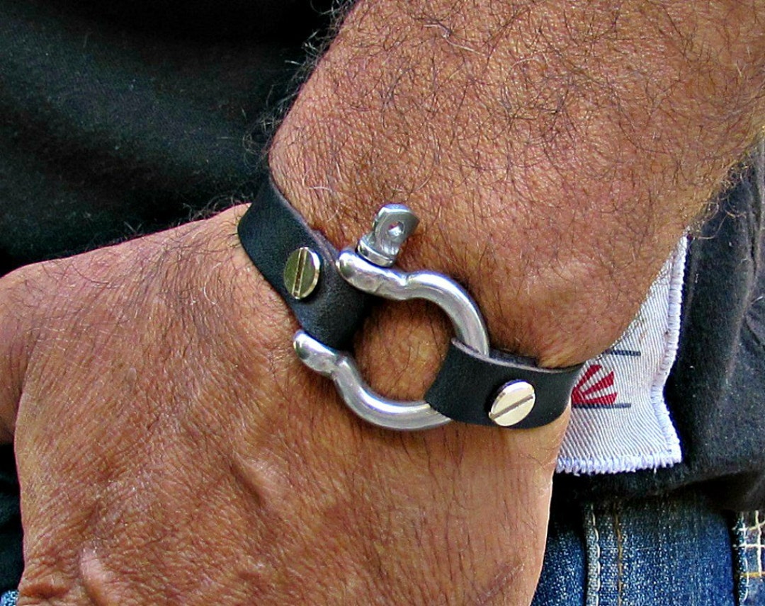 Mens Leather Shackle Bracelet: Nautical Cuff, Customized Fit - Etsy