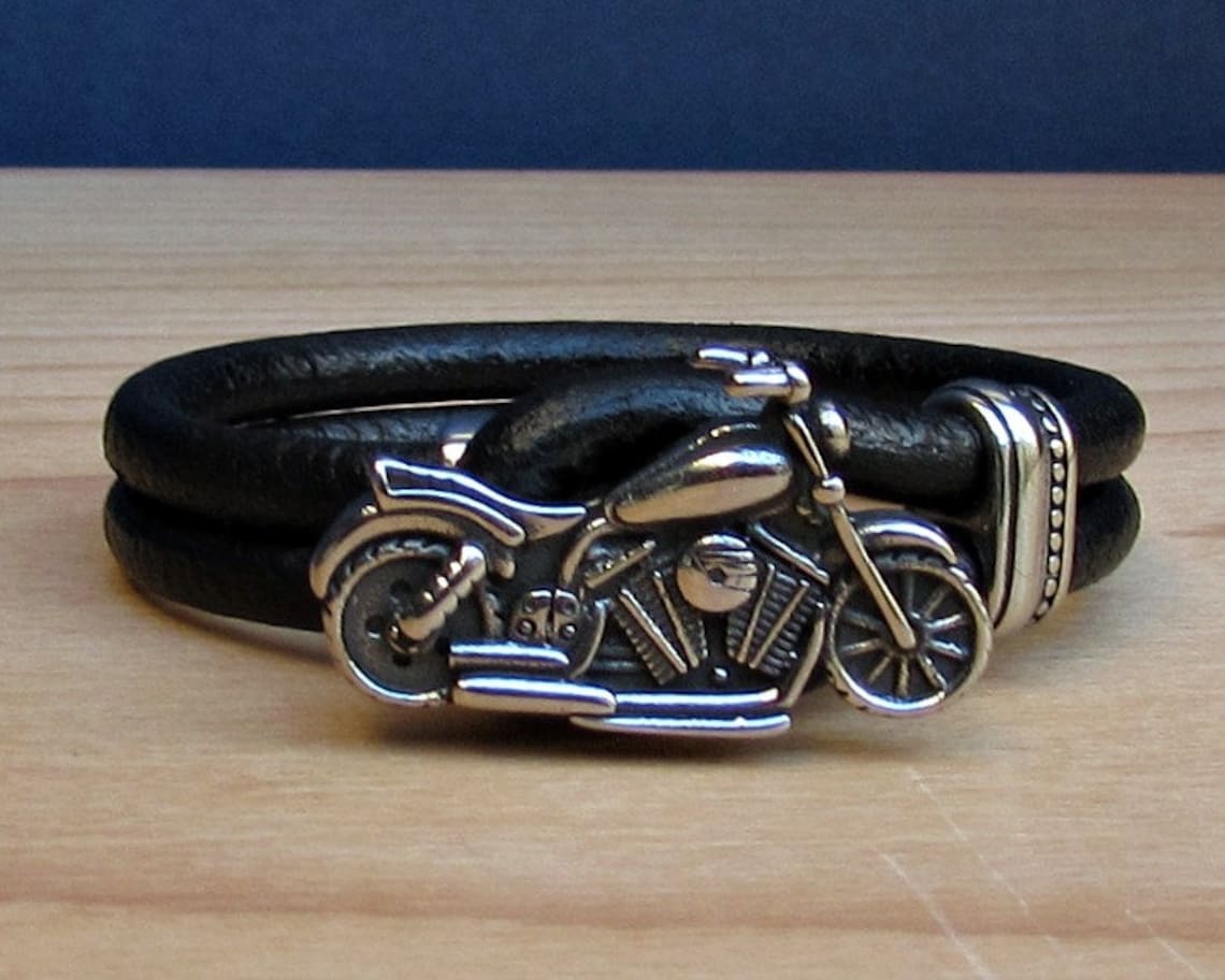 Motorcycle Leather Bracelet, Stainless Steel Cuff, Personalized Gift ...