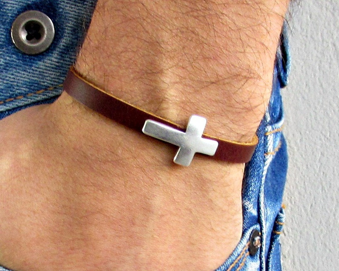 Cross Mens Leather Bracelet Cuff Dainty Silver Unisex Bracelet ...