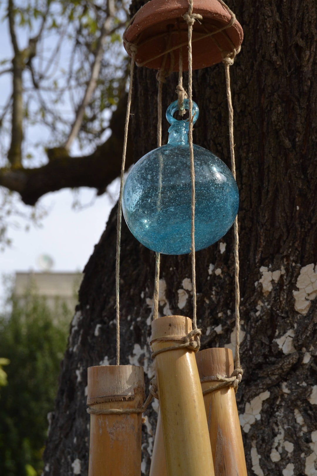 Jerusalem Wind Chime Turquoise GLASS Ball, Bamboo Wind Chime, Garden Wind Chimes, Sea Glass ...