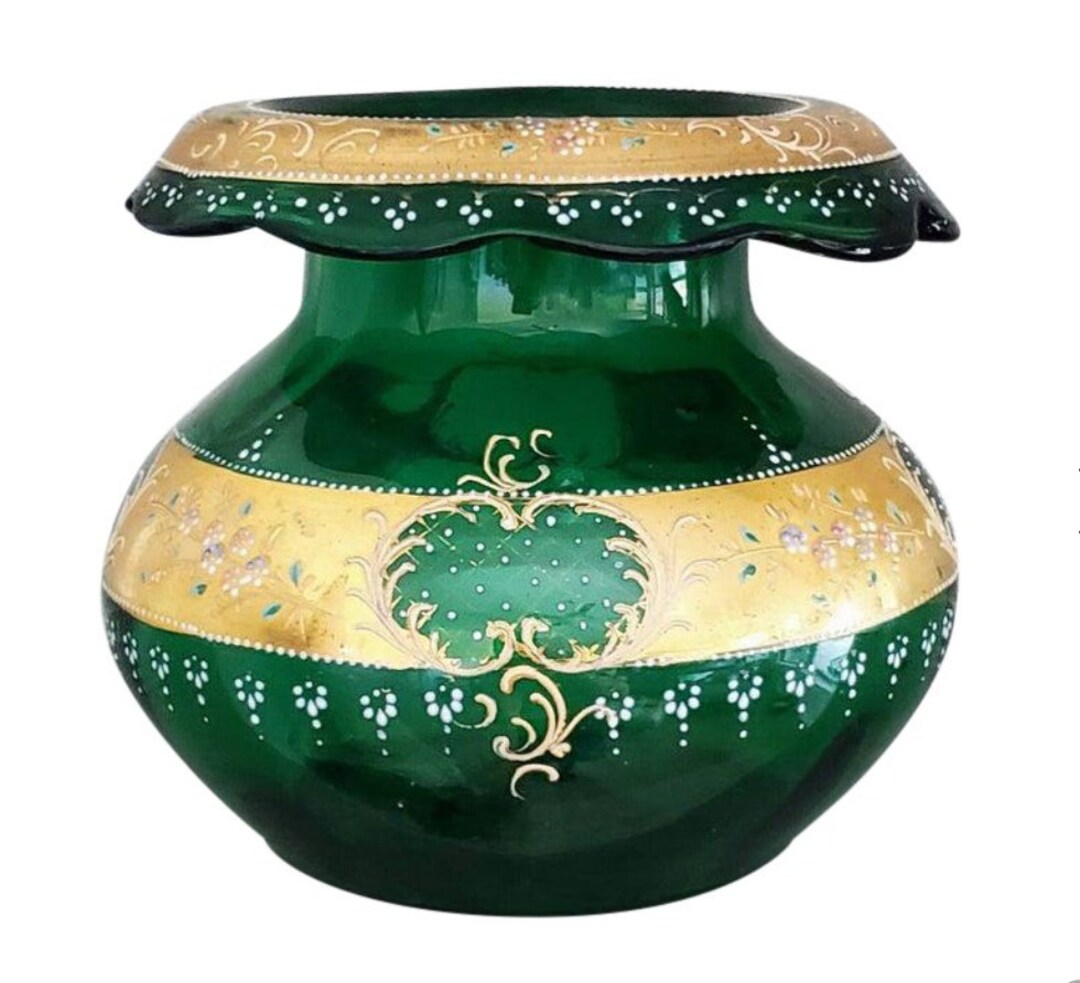 Antique Bohemian Emerald Green Glass Gilt Enameled Vase Attributed to ...