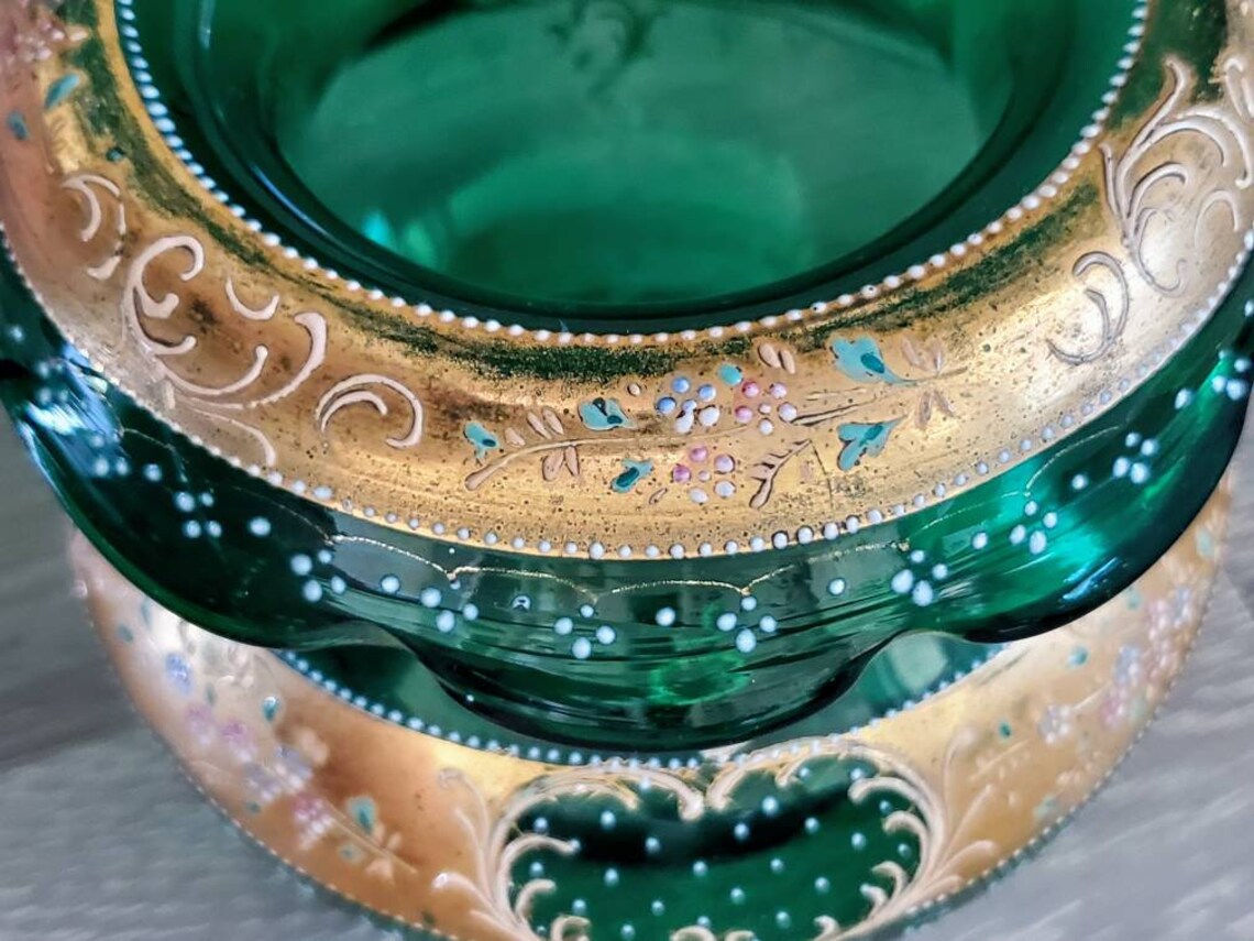 Antique Bohemian Emerald Green Glass Gilt Enameled Vase | Etsy