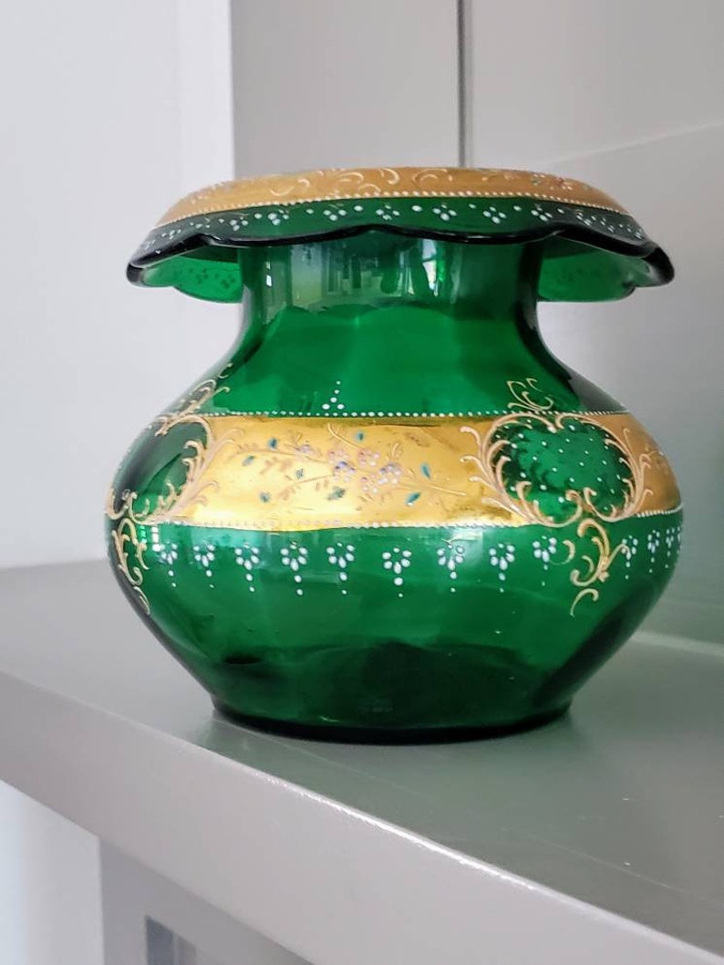 Antique Bohemian Emerald Green Glass Gilt Enameled Vase - Etsy