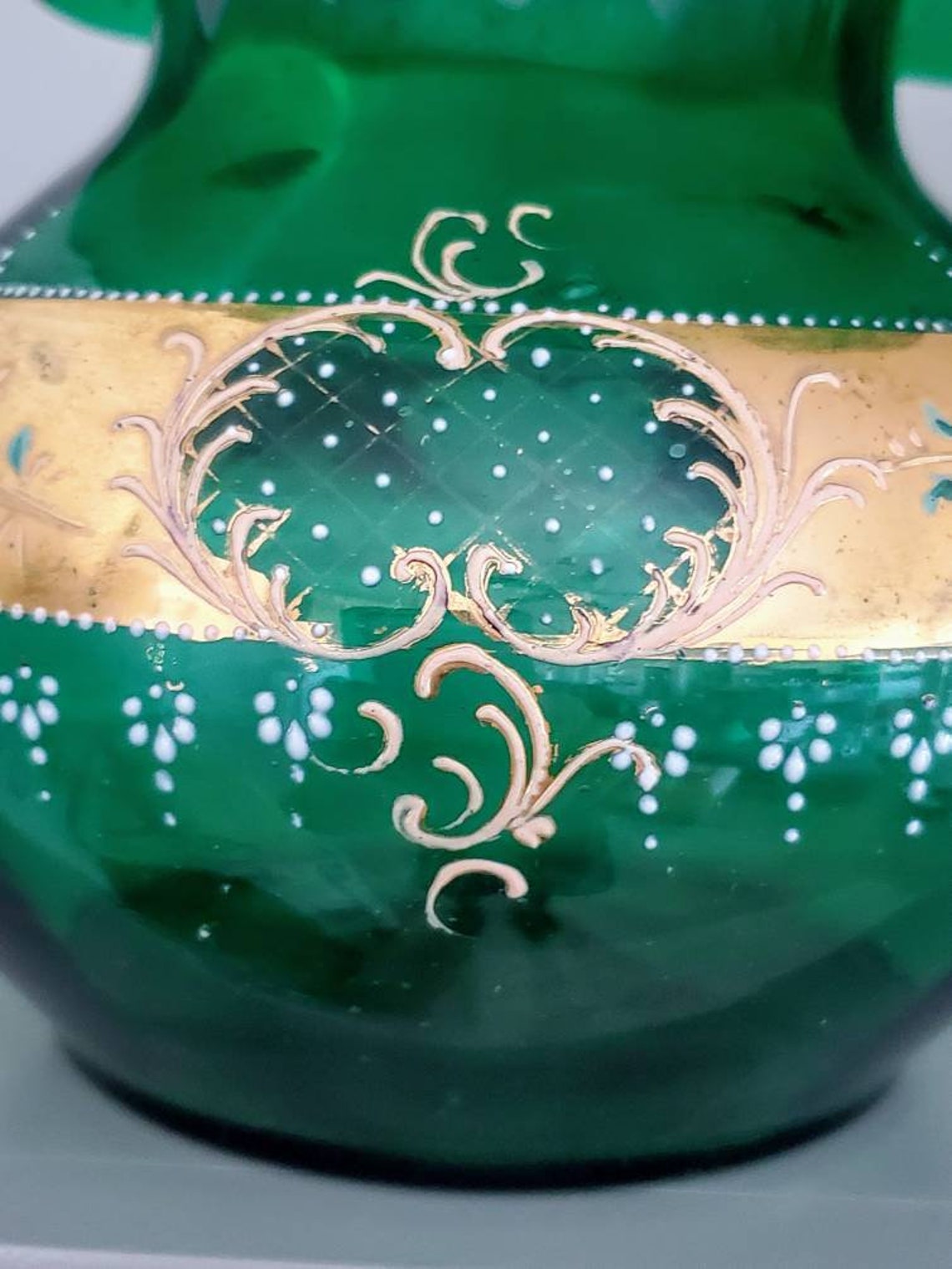 Antique Bohemian Emerald Green Glass Gilt Enameled Vase | Etsy