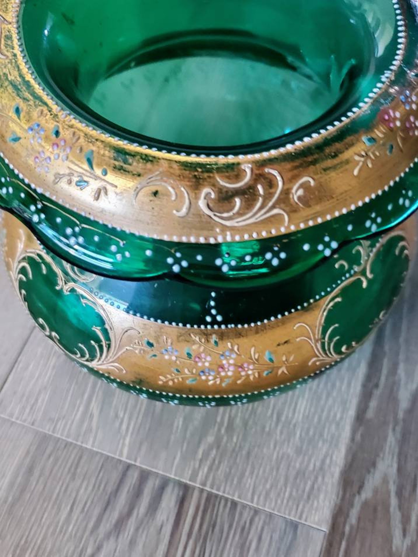 Antique Bohemian Emerald Green Glass Gilt Enameled Vase Attributed to ...