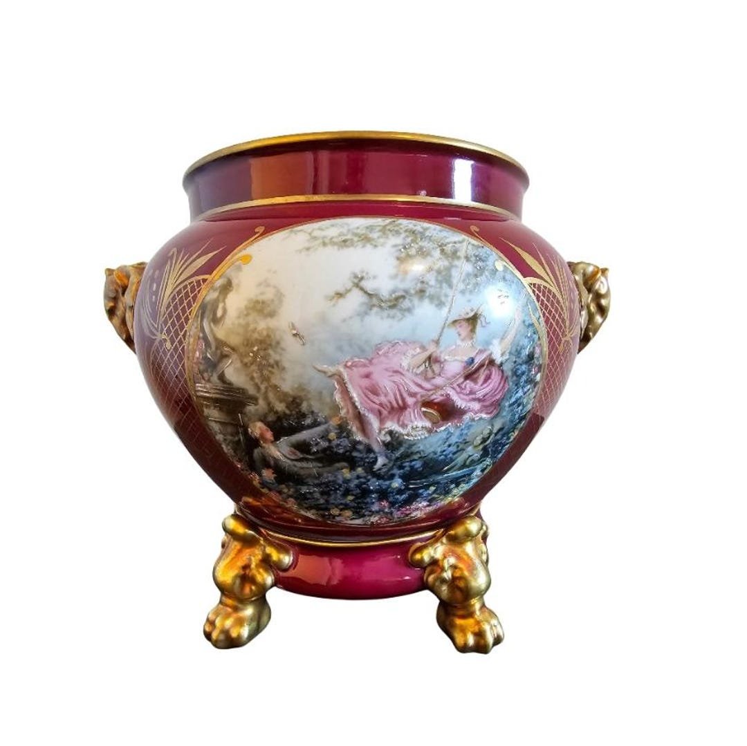 French Limoges Porcelain Burgundy Red Parcel Gilt Hand Painted Vase ...