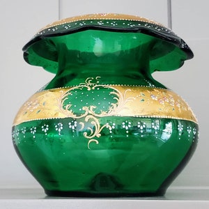 Antique Bohemian Emerald Green Glass Gilt Enameled Vase Attributed to ...