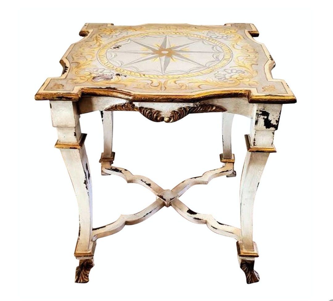 Neoclassical Style Carved Distressed Painted White Parcel Gilt Compass ...