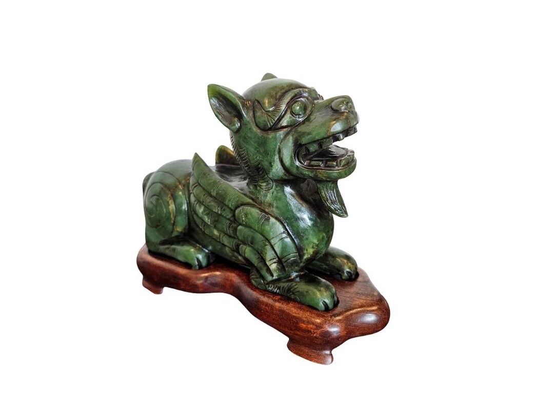 Fine Large Antique Chinese Carved Spinach Green Jade Chilong Winged ...