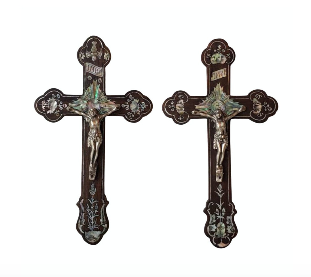 Pair of Antique Colonial Style Christ Crucified Mother of Pearl Inlaid ...