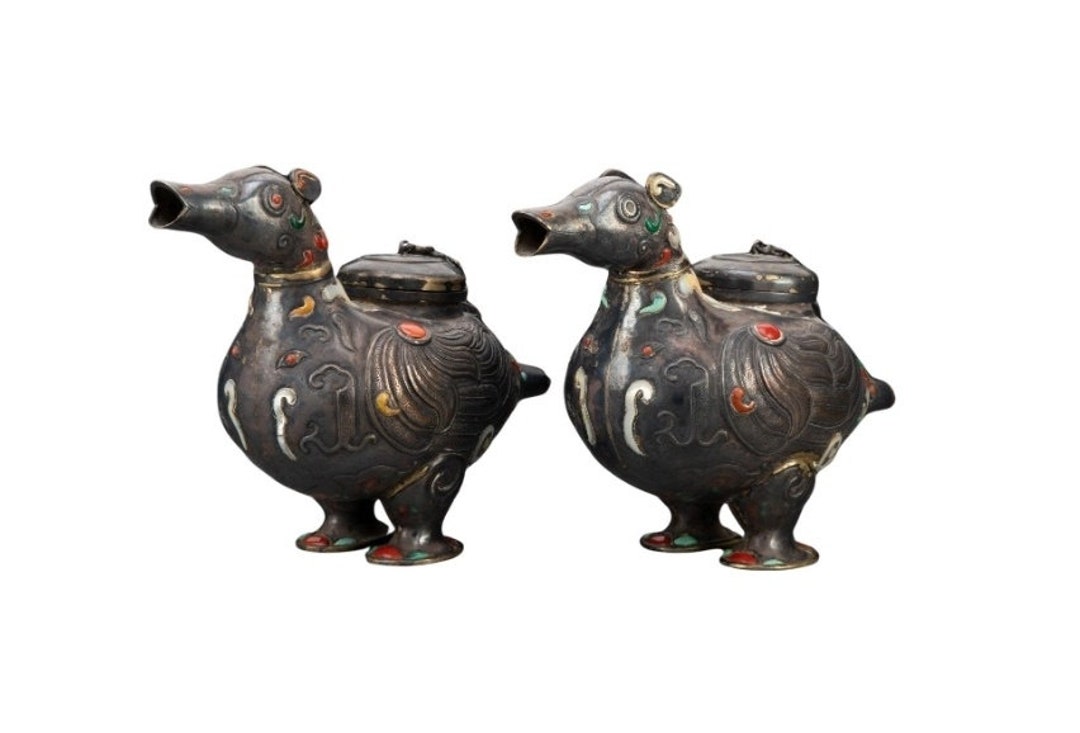 Pair of Antique Chinese Tibetan Silvered Bronze Hardstone Inlaid Zun ...