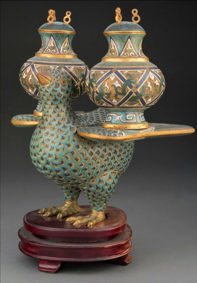 Antique Chinese Qing Dynasty Cloisonne Enamel & Gilt Bronze Bird Censer ...