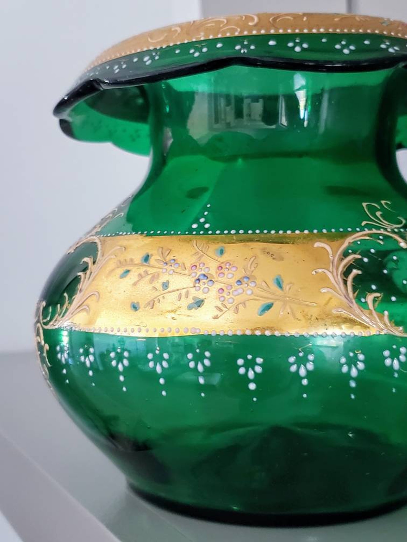 Antique Bohemian Emerald Green Glass Gilt Enameled Vase | Etsy