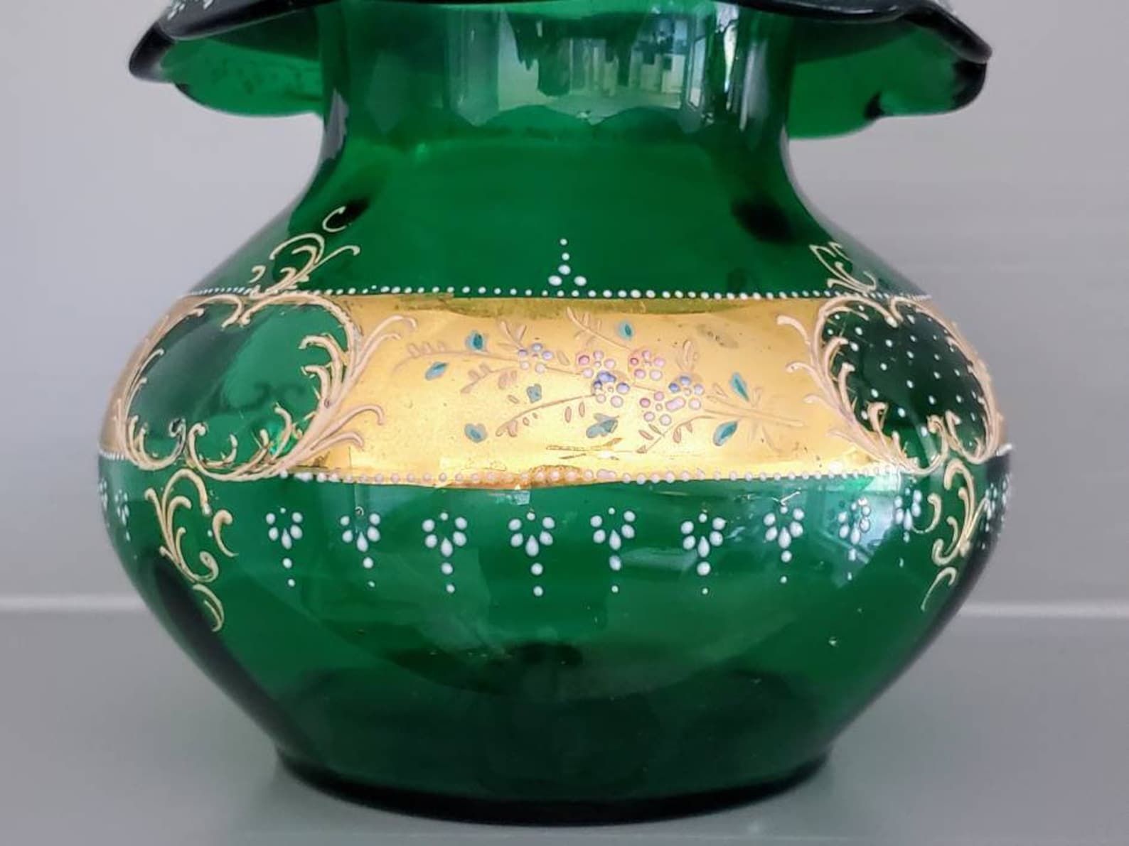 Antique Bohemian Emerald Green Glass Gilt Enameled Vase Attributed to ...