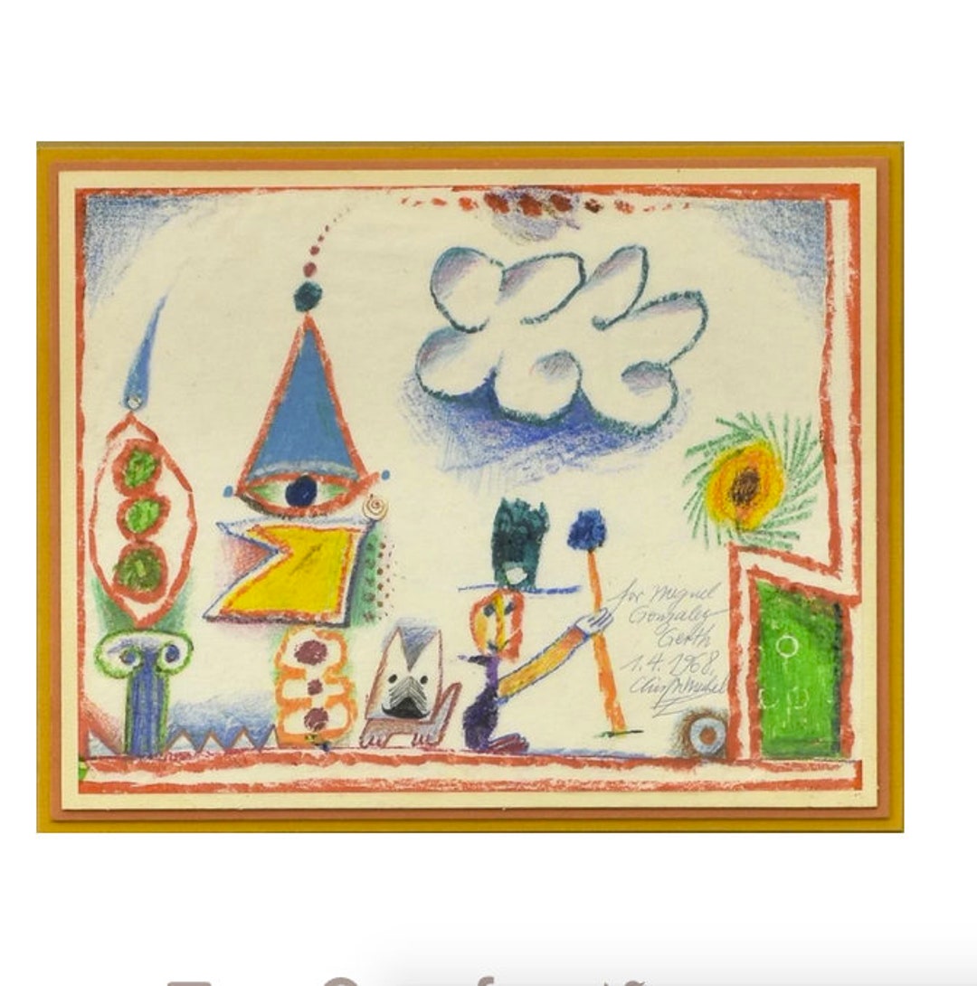 1960s Original Signed Abstract Crayon Drawing on Paper Framed Art Work ...