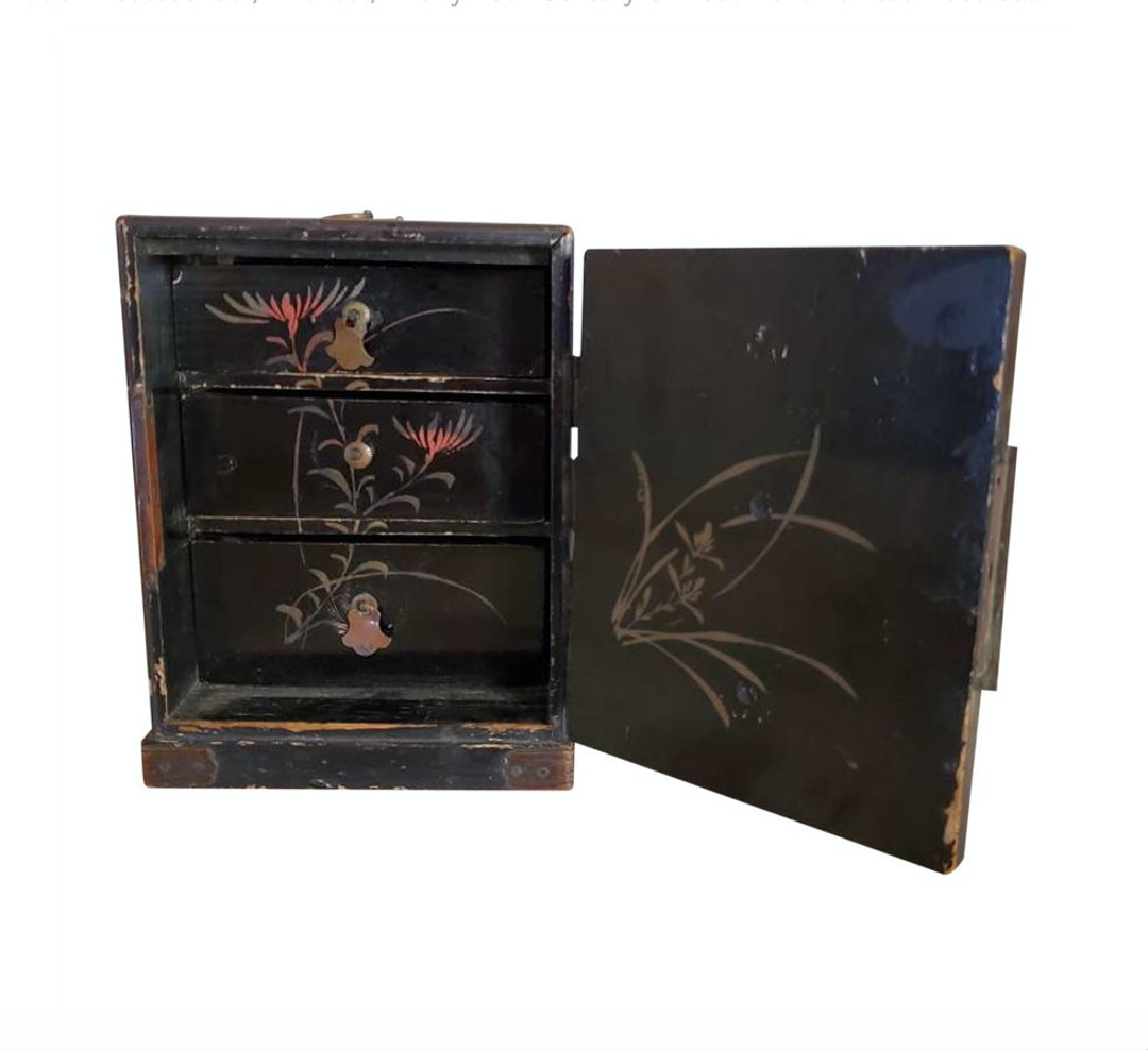 Antique Japanese Black Lacquered Hand Painted Wooden Table Box - Chest ...
