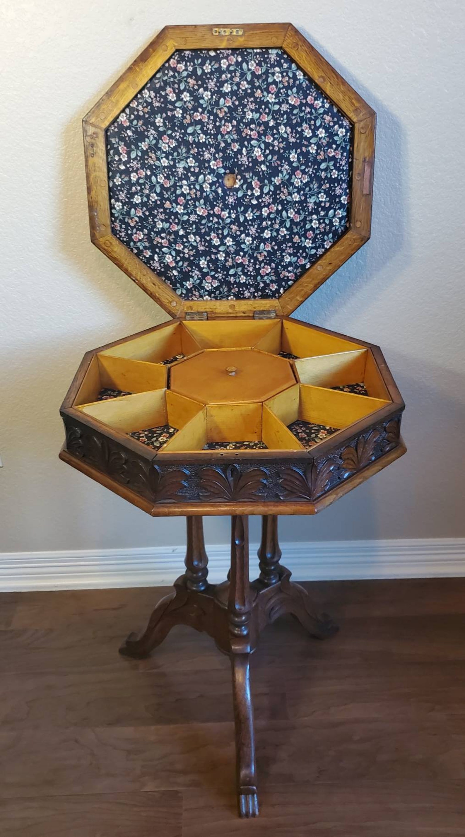 English Victorian Carved Oak Octagon Work Sewing Table from | Etsy