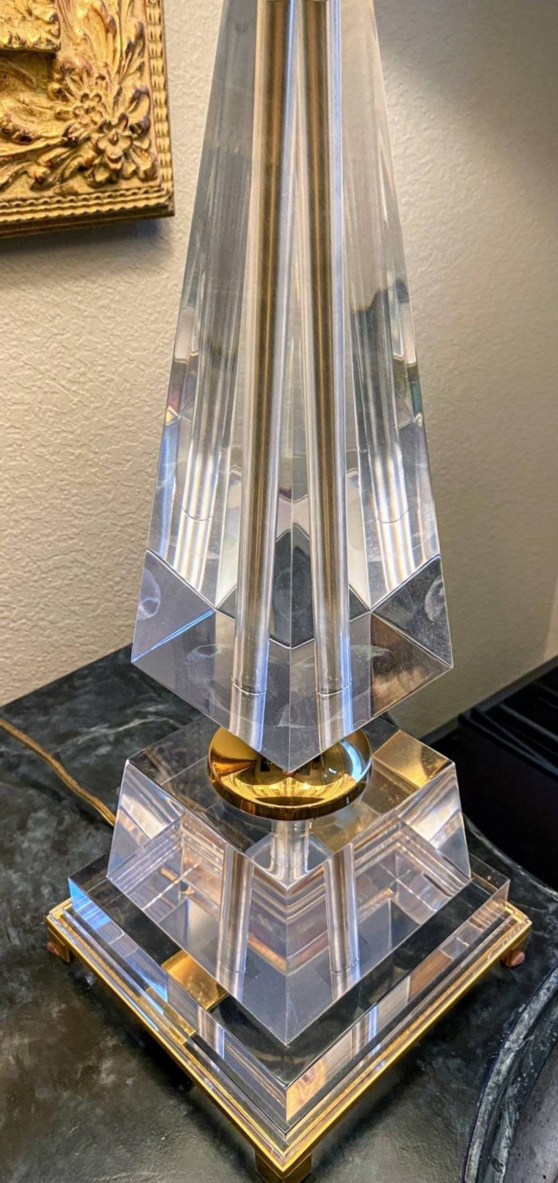 Vintage Lucite Geometric Obelisk Shaped Gilt Brass Table Lamp | Etsy