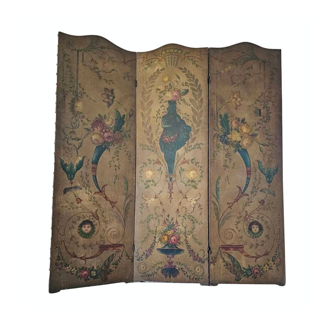 Antique Italian Neoclassical Hand-painted Oil on Leather Tri-fold Three Panel Folding Screen ...