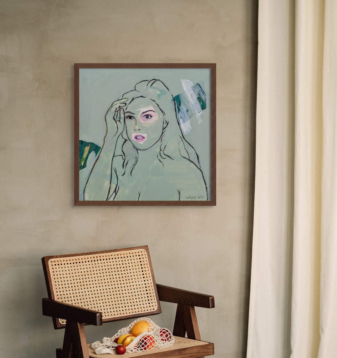 Minimal Abstract Portrait Painting Green Minimal Line Drawing Female ...