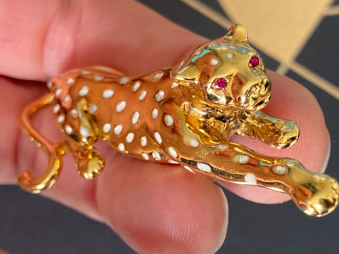 1980s Vintage Gold Plated Enamelled Leopard/ Jaguar Brooch Pin - Etsy