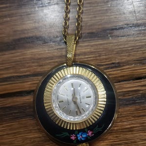 Vintage Rare Hanowa 17 Jewels Blue and Floral Enamel Pendant Watch Gold ...