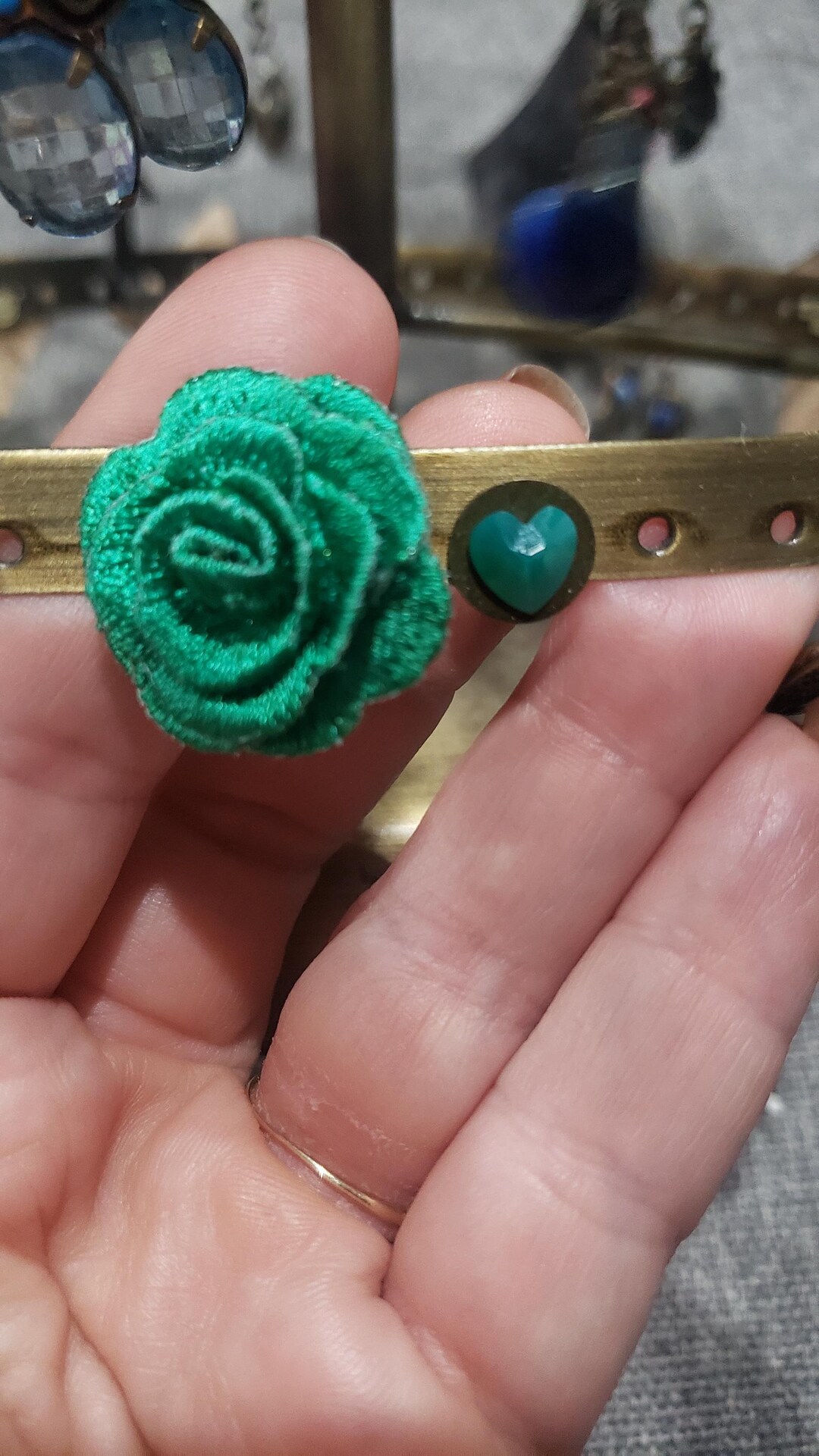 Repurposed Single Stud Brass Color and Green Fabric Rose Earring With ...