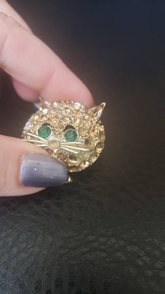 VINTAGE CAT FACE gold metal color and rhinestones Cat… - Gem