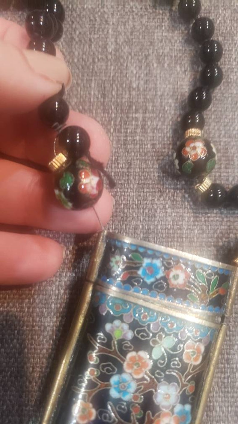 Antique Floral Cloisonne Snuff Box Minaudier Necklace With Glass and ...