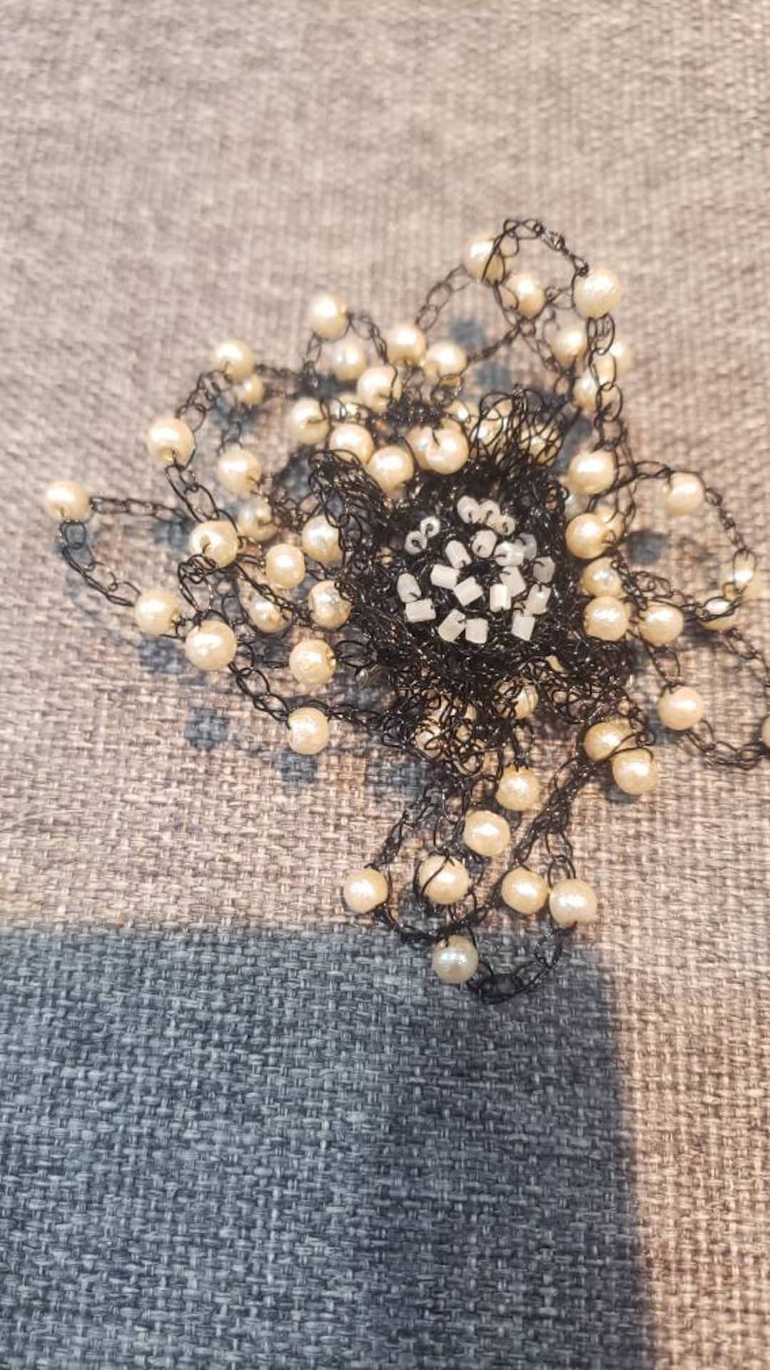 Lisa Toland Crocheted Black Wire and Faux Peals Floral Brooch - Etsy