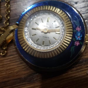 Vintage Rare Hanowa 17 Jewels Blue and Floral Enamel Pendant Watch Gold ...