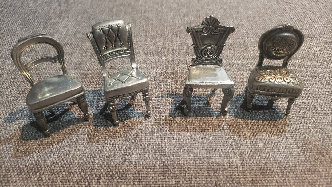 Vtg Universal Pewter 96 Set of 4 Chairs Miniature Dull Furniture Card ...