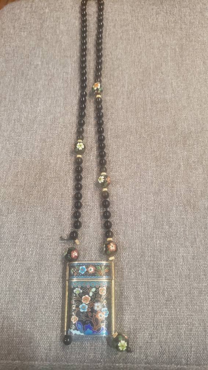 Antique Floral Cloisonne Snuff Box Minaudier Necklace With Glass and ...