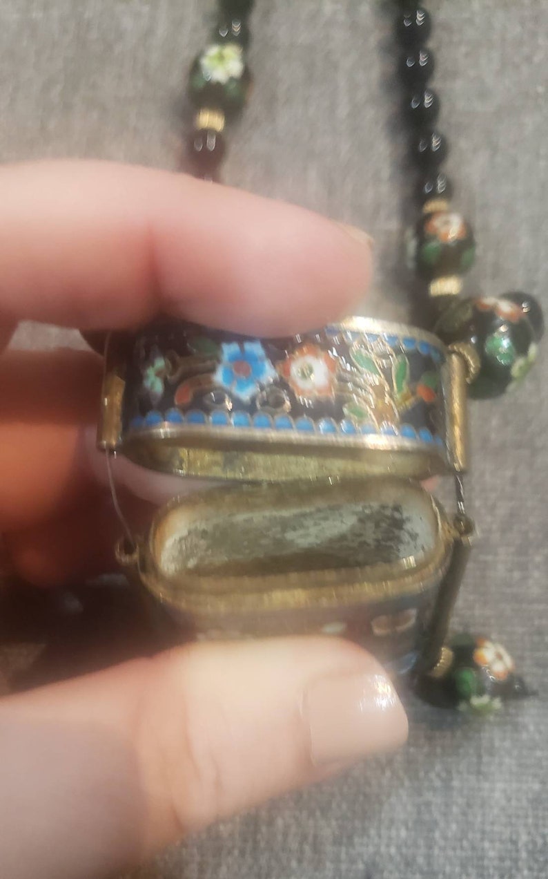 Antique Floral Cloisonne Snuff Box Minaudier Necklace With Glass and ...