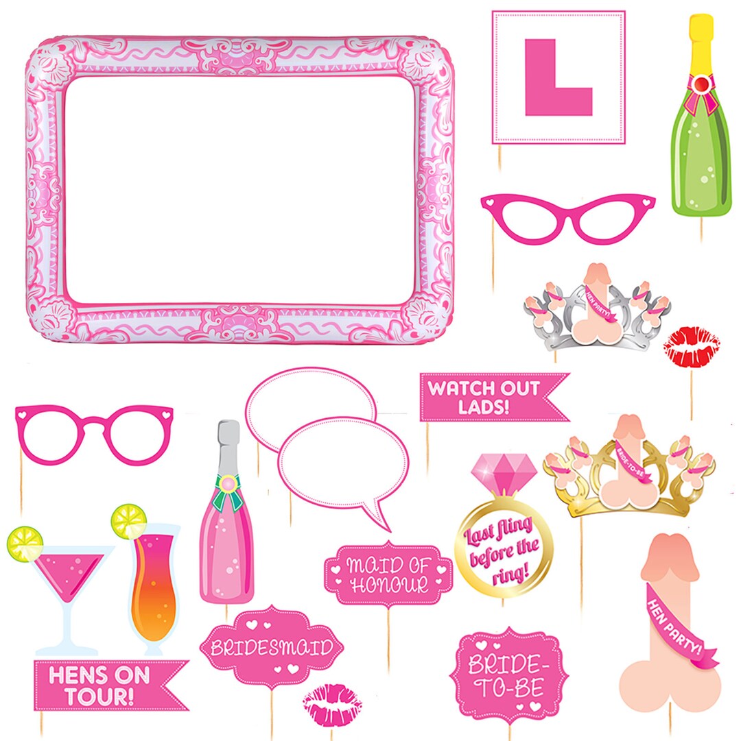 Pink Hen Party Selfie Frame & Photo Prop Set | Set of 20 Props With ...