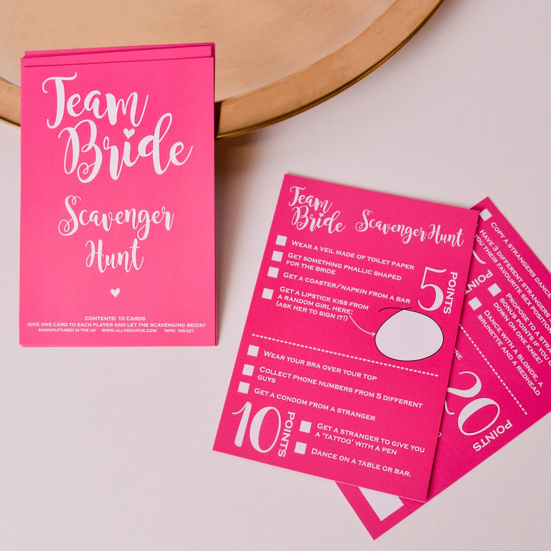 10 X Team Bride Pink Hen Party Scavenger Hunt Cards - Hen Night Games ...